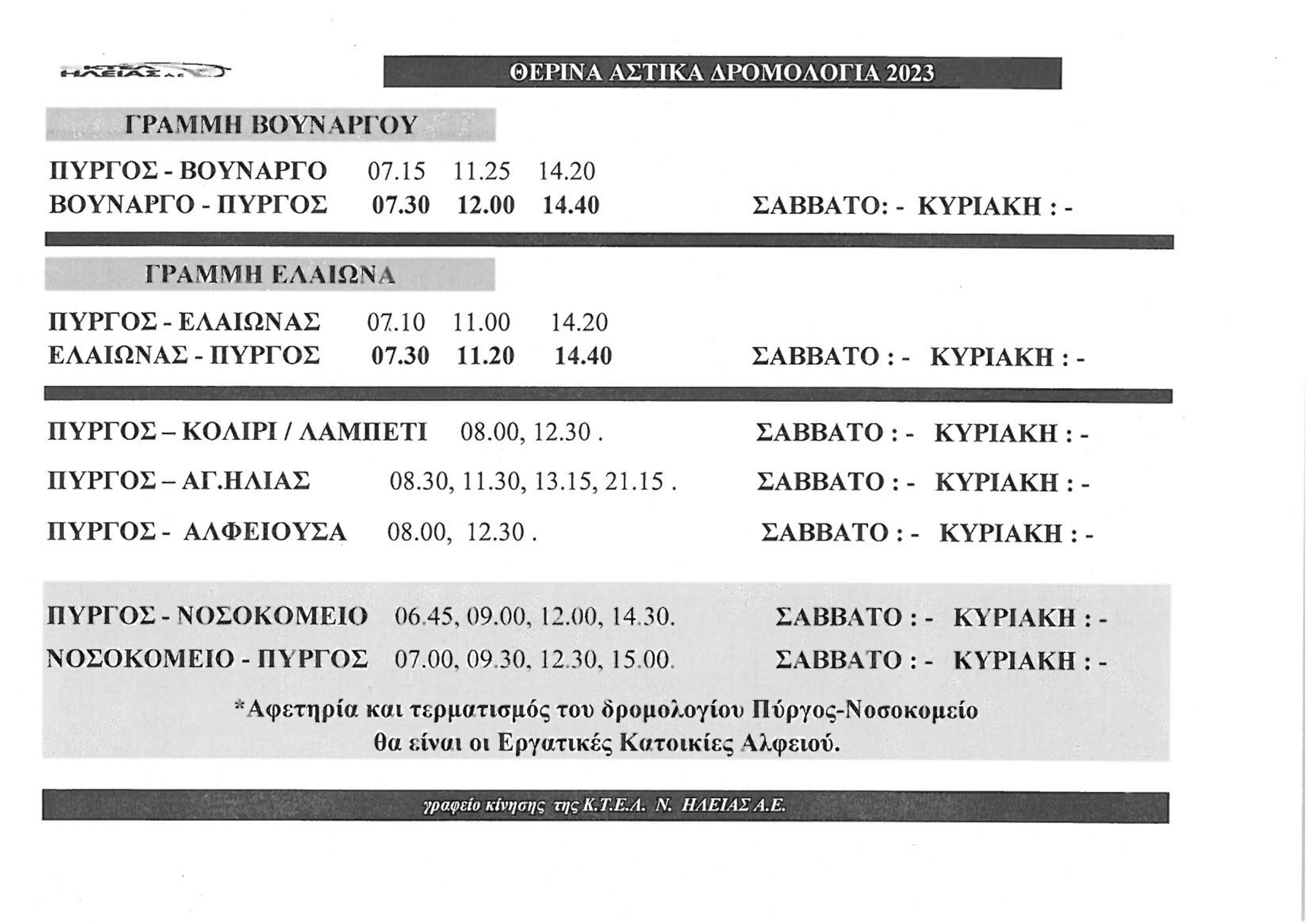 ΘΕΡΙΝΑ ΔΡΟΜΟΛΟΓΙΑ ΠΥΡΓΟΥ 2023 – ΚΤΕΛ Νομού Ηλείας