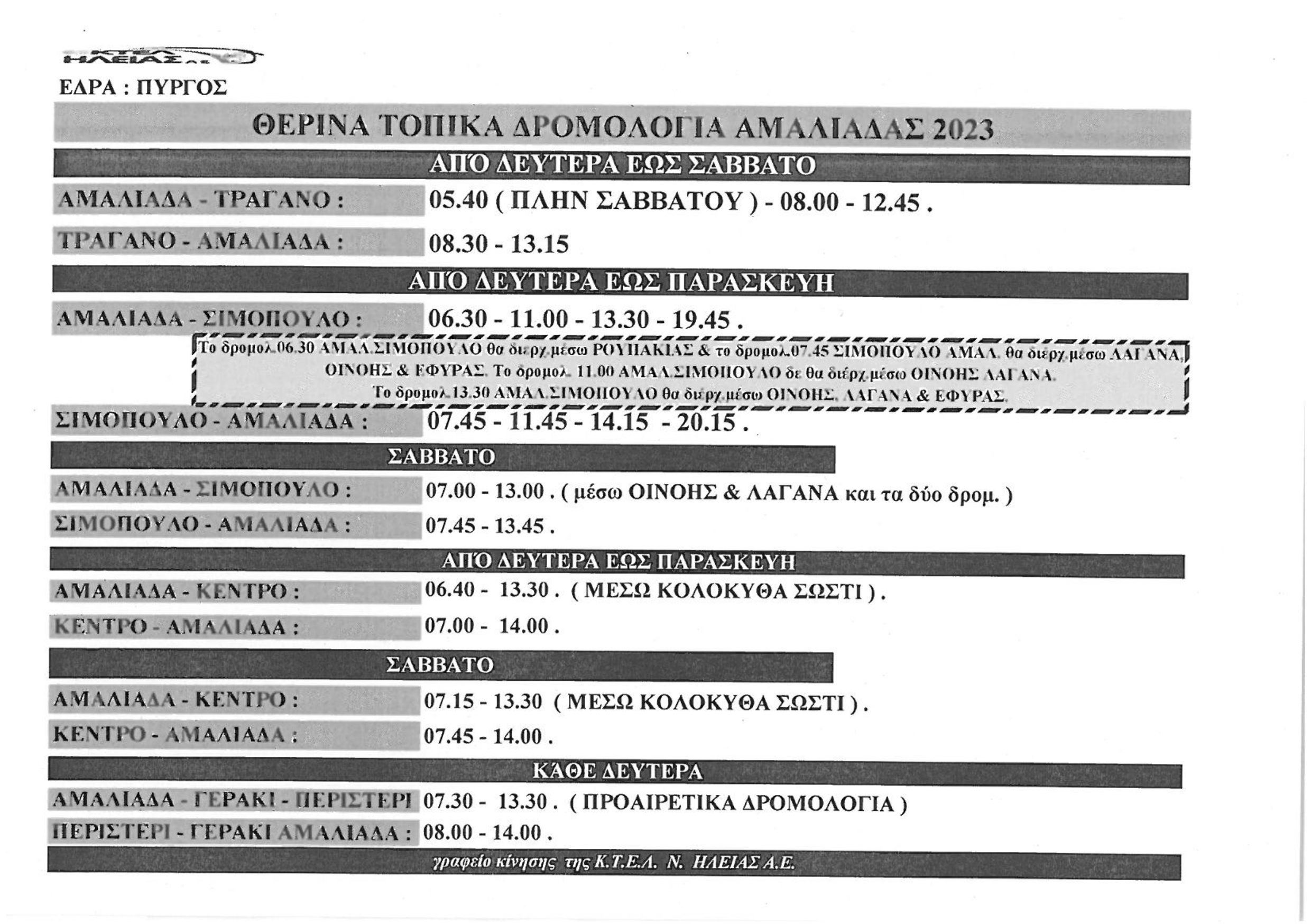 ΘΕΡΙΝΑ ΔΡΟΜΟΛΟΓΙΑ ΑΜΑΛΙΑΔΑΣ 2023 – ΚΤΕΛ Νομού Ηλείας