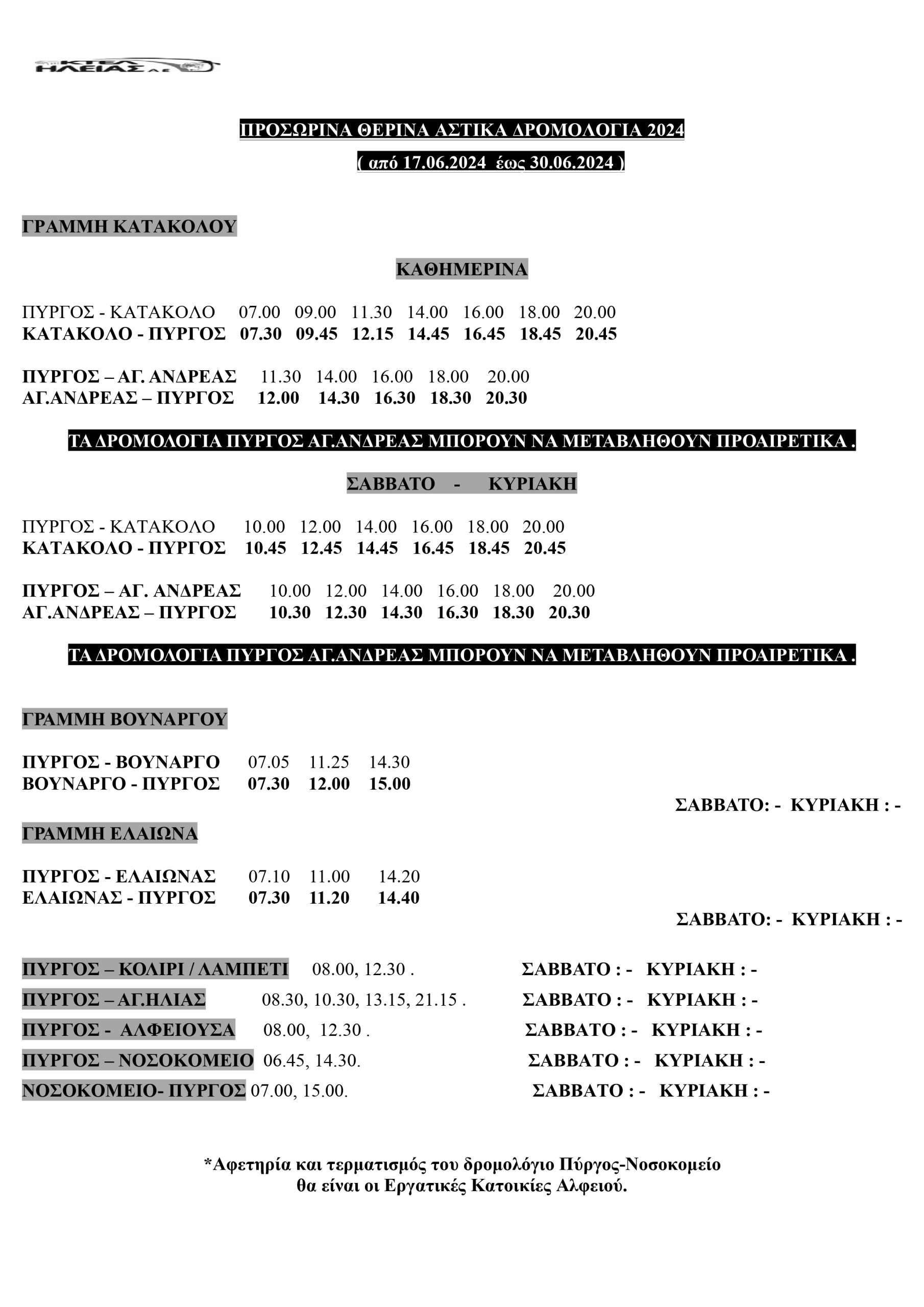 ΘΕΡΙΝΑ ΔΡΟΜΟΛΟΓΙΑ ΠΥΡΓΟΥ ΑΠΟ 17/6/2024 – ΚΤΕΛ Νομού Ηλείας