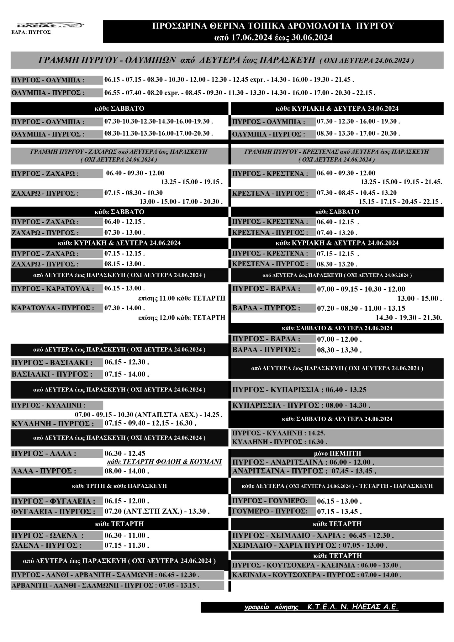 ΘΕΡΙΝΑ ΔΡΟΜΟΛΟΓΙΑ ΠΥΡΓΟΥ ΑΠΟ 17/6/2024 – ΚΤΕΛ Νομού Ηλείας