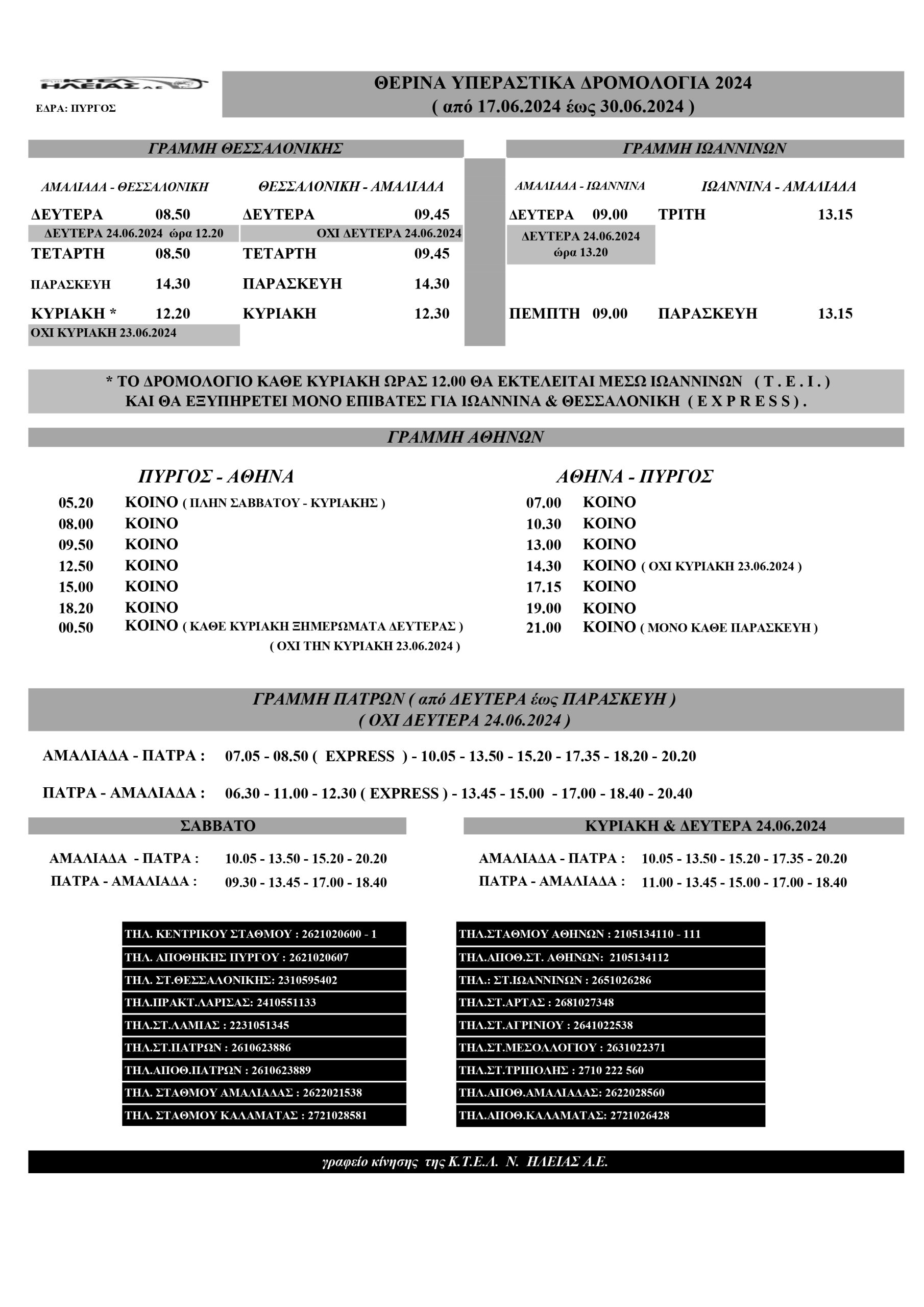 ΘΕΡΙΝΑ ΔΡΟΜΟΛΟΓΙΑ ΑΜΑΛΙΑΔΑ ΑΠΟ 17/6/2024 – ΚΤΕΛ Νομού Ηλείας
