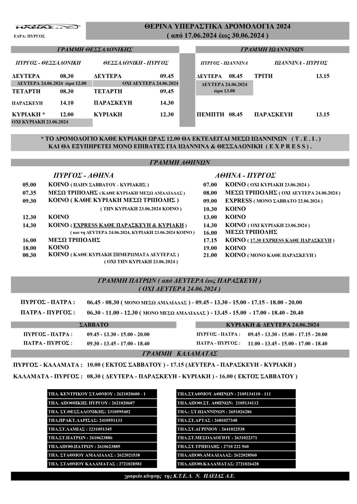 ΘΕΡΙΝΑ ΔΡΟΜΟΛΟΓΙΑ ΠΥΡΓΟΥ ΑΠΟ 17/6/2024 – ΚΤΕΛ Νομού Ηλείας