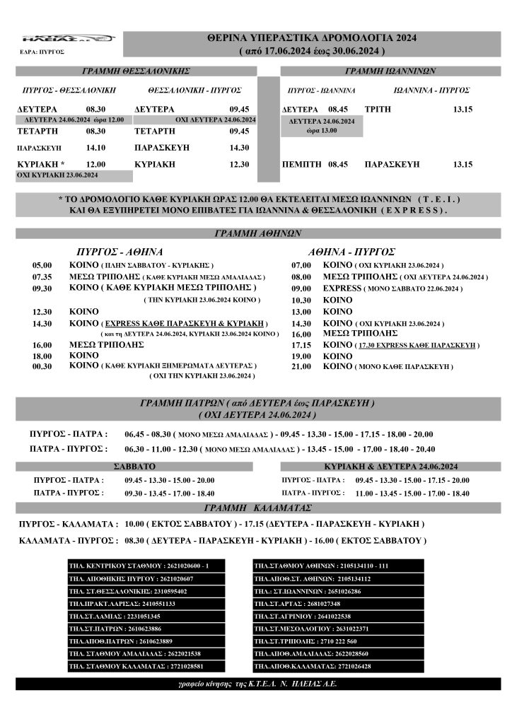 ΘΕΡΙΝΑ ΔΡΟΜΟΛΟΓΙΑ ΠΥΡΓΟΥ ΑΠΟ 17/6/2024 – ΚΤΕΛ Νομού Ηλείας